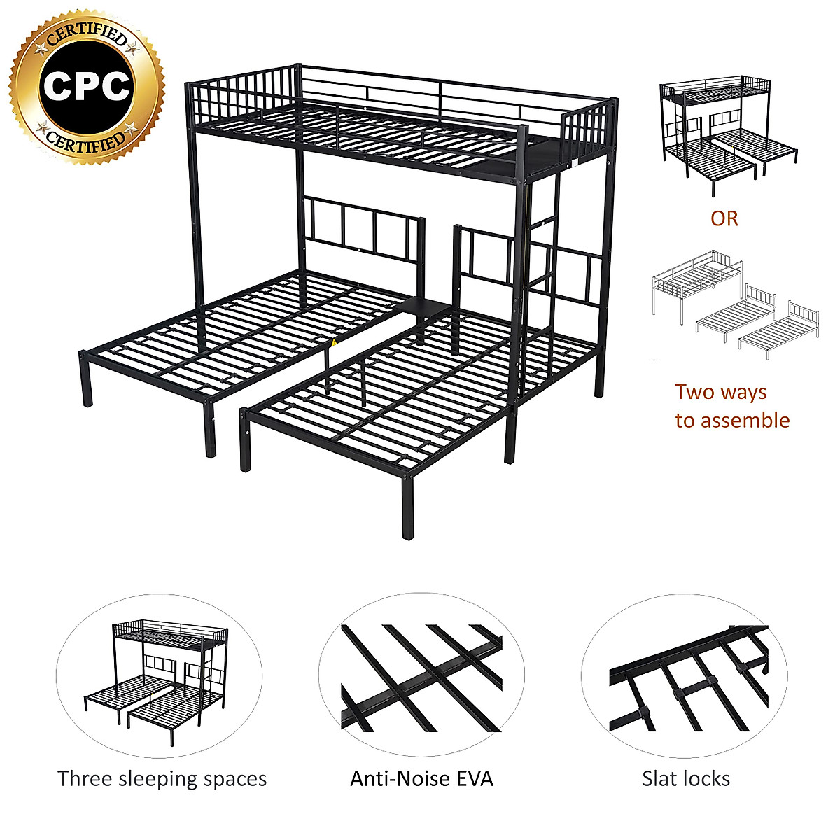 Metal Triple Bunk Bed for 3 People, Can Be Separated into 3 Twin Beds, Twin Over Twin & Twin Bunk Bed with Guardrails for Kids, Teens, Adults (Black)