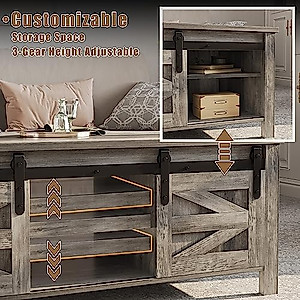 Furmax Coffee Table with Storage and Sliding Barn Doors, Farmhouse Living Room Table with Adjustable Shelves, Wood Rustic Center Table for Home Living Meeting Room (Light Rustic Oak)