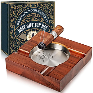 Wood Cigar Ashtray Cigar Accessories Cigarettes Ashtrays for Indoor Outdoor Patio Home Office Use Square Wooden Brown Cigar Ash Tray Cigar Gift Sets for Men with GIFT BOX (Classic)