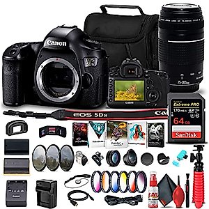 Canon EOS 5DS DSLR Camera (Body Only) (0581C002) + Canon EF 75-300mm f/4-5.6 III Lens (6473A003) + 64GB Memory Card + Color Filter Kit + Filter Kit + LPE6 Battery + External Charger + More (Renewed)