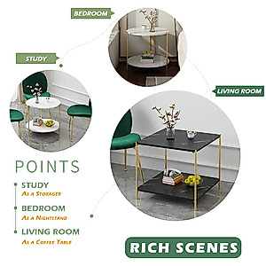 IOTXY Home Round Coffee Table - 23.6" Small 2-Tier End Table with Open Storage Shelf, White Wooden Table Top Gold Metal Frame Side Table