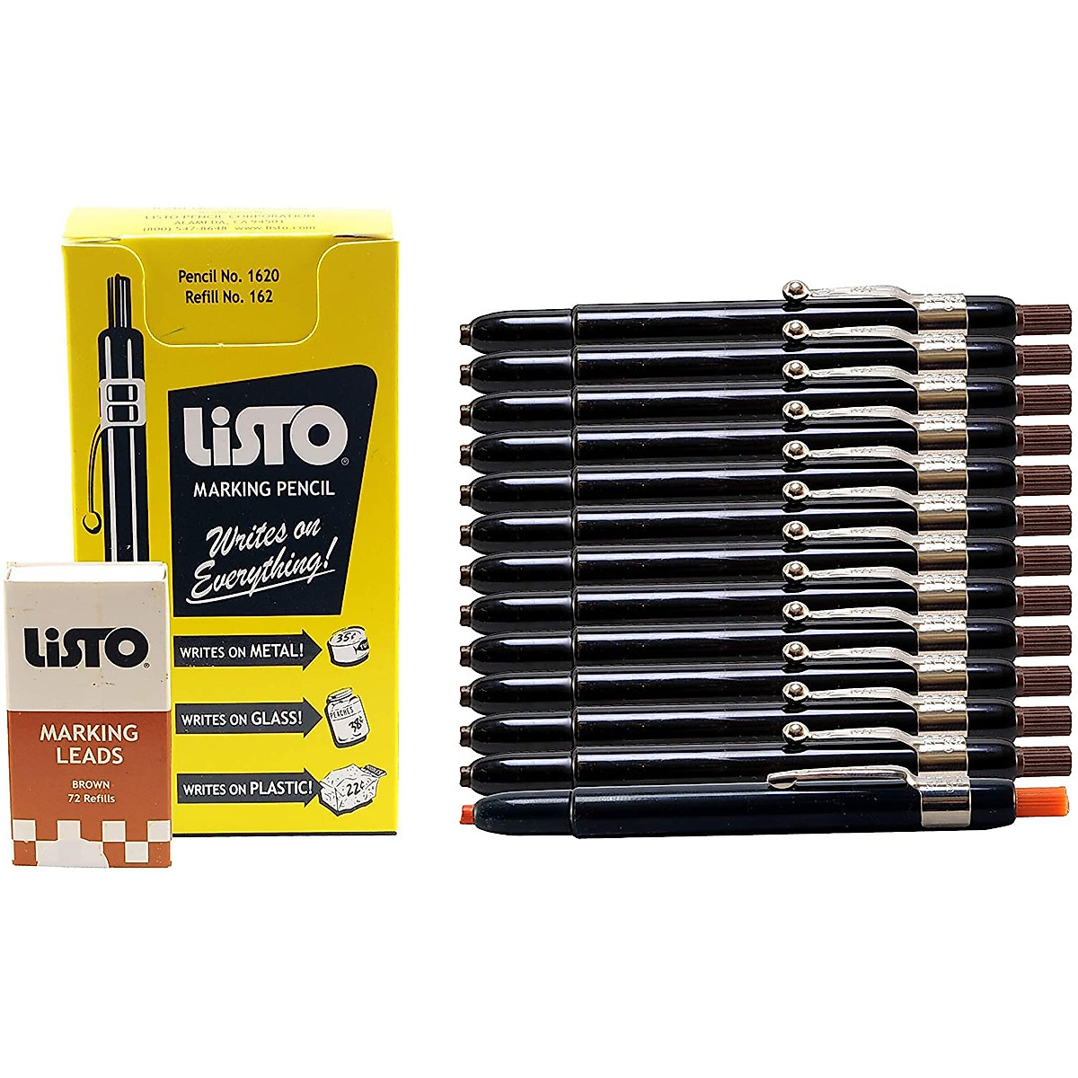 Listo 1620 and 162 Marking Pencils Kit, Color: Brown, 12 Pencils, 72 Refill Leads - Grease Pencils/China Marking Pencils/Wax Pencils. 1 x Orange Pencil Included. (12-Pencils, 72-Refills, Brown)