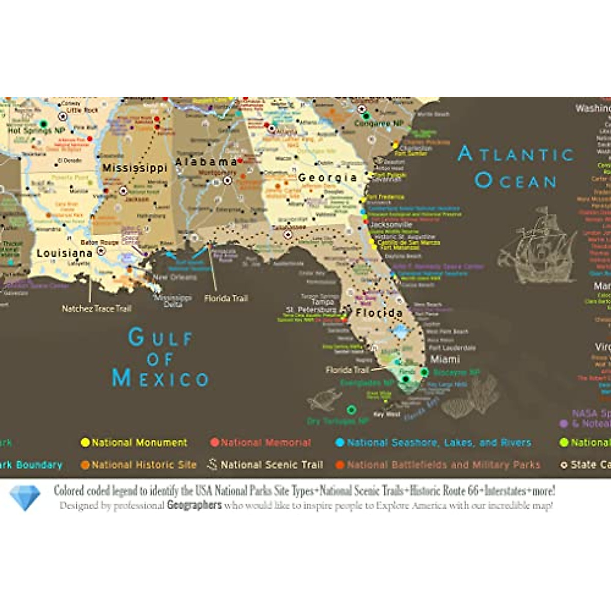 National Parks Map Poster with USA Travel Destinations (24W x 16H inches)