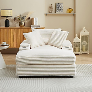 amervanito 43.3 Inch Corduroy Lounge Chair with a Back Pillow, 2 toss Pillows, a Ottoman,2storage Spaces and Cup-Holding Grooves Comfy Sofa- Deep Seat Couch for Living Room,Grey (Beige)