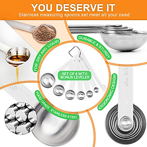 Sieqioor Durable Stainless Steel Metal Measuring Spoons Set for Dry or Liquid, Small Tablespoon, Teaspoons, Set of 7 Including Leveler, Etched Markings and Removable Clasp, Fits in Spice Jar