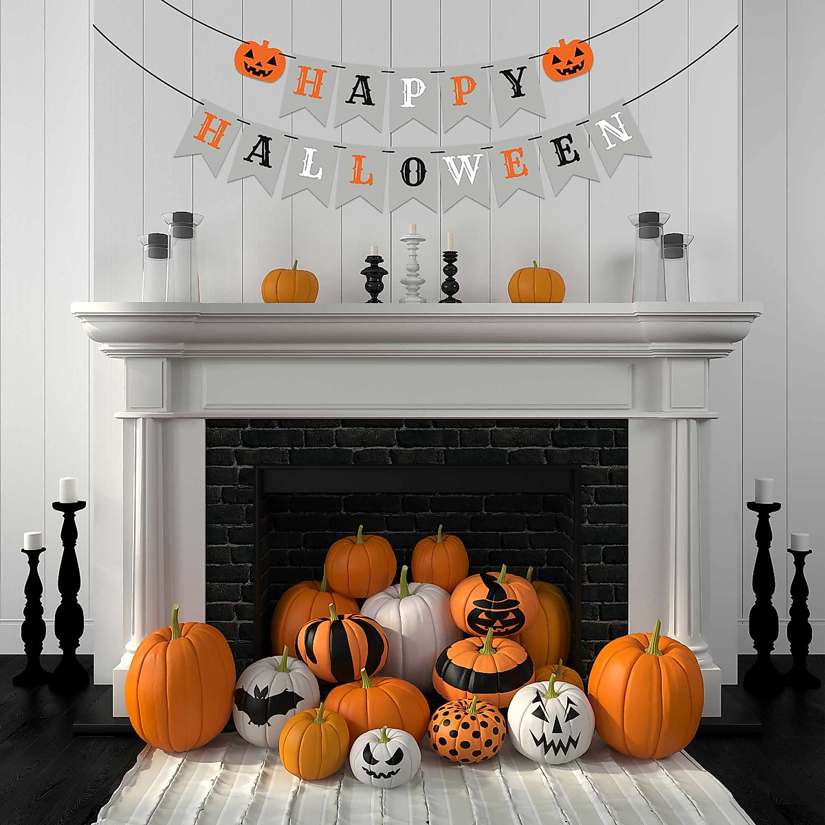 Pre-Strung Happy Halloween Banner - NO DIY - Black Glitter Halloween Banner - Pre-Strung Garland on 8 ft Strand - Pumpkin Jack O'Lantern Halloween Party Decorations & Decor. Did we mention no DIY?
