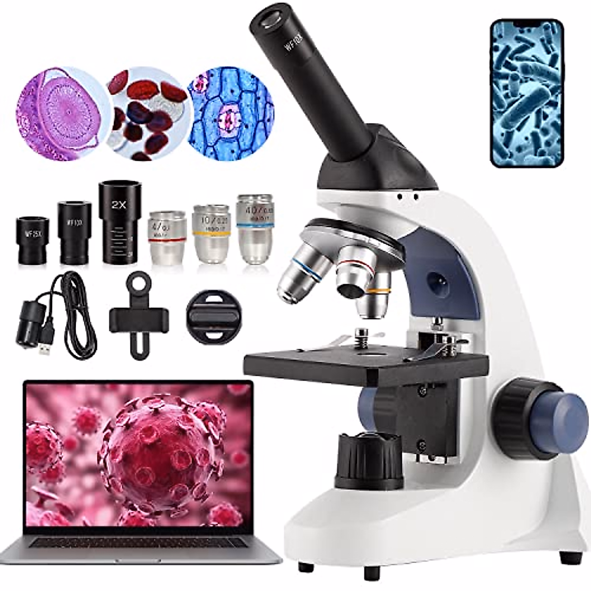 Monocular Microscope Camera Kids Adults - 40X-2000X Monocular Microscope for Kids Adults Students with Electric Eyepiece, Storage Bag, Metal Eyepiece, Slides (2022