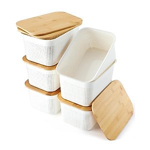 AREYZIN Plastic Storage Bins with Bamboo lids and Stackable Storage Baskets for Shelves - Organize Your Home or Office with These Space-Saving Storage Solution,6 Pack,White