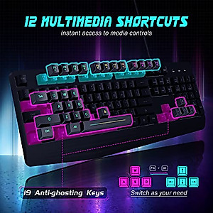 yesbeaut Gaming Keyboard, 7-Color Rainbow LED Backlit, 104 Keys Quiet Light Up Keyboard, Wrist Rest, Whisper Silent, Anti-ghosting Multimedia Keys, Waterproof USB Wired Keyboard for PC Mac Xbox