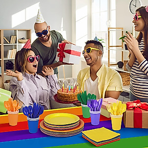 Ruisita 193 Pieces Rainbow Party Supplies Include Disposable Dessert Paper Plates Cups Napkins Forks Knives Spoons Table Cover Serve 24 Guests Dinnerware Cutlery Set for Birthday Wedding Decoration