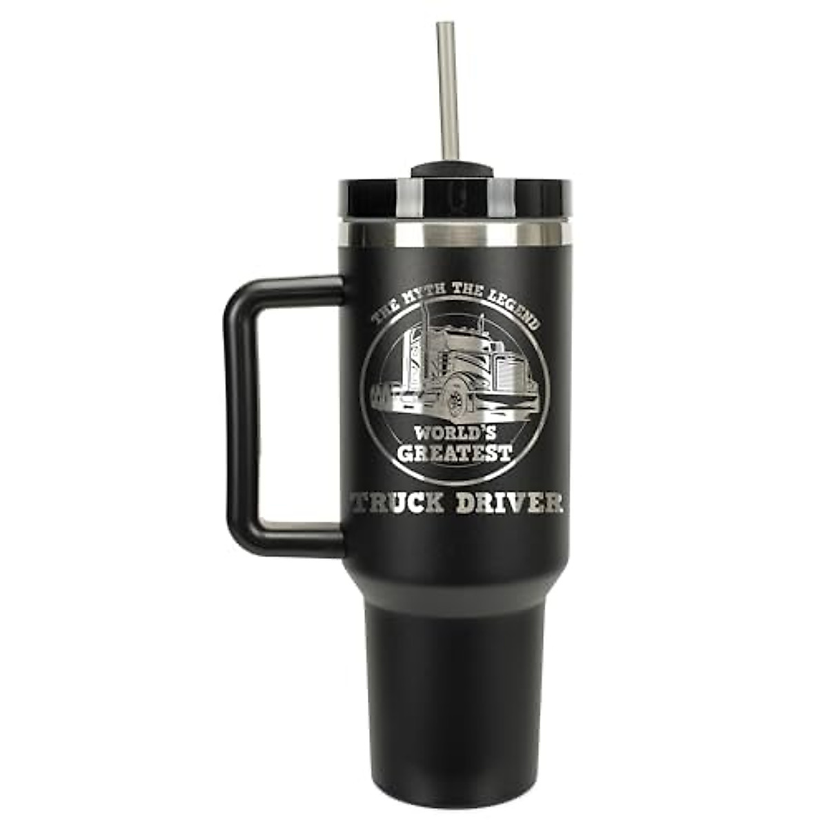 100 North | 40 oz Stainless Steel Double Wall Insulated Travel Tumbler With Handle, Straw, and Lid, World's Greatest Truck Driver Black