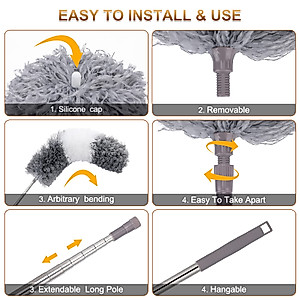 DEEHYO Microfiber Duster, 9PCS Extendable Feather Duster (Stainless Steel) 30 to 100 Inches, Reusable Bendable Dusters, Washable Dusters for Cleaning Ceiling Fan, High Ceiling, Blinds, Furniture, Cars