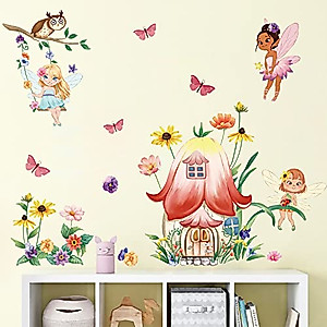 decalmile Fairy Mushroom Wall Stickers Butterfly Fairy Flowers Wall Decals Girls Bedroom Kids Room Baby Nursery Wall Decor