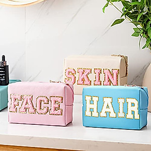 3 Pcs Patch Waterproof Toiletry Bag Preppy Makeup Bag Chenille Letters Preppy Bag Cosmetic Bag for Purse Portable Preppy Patch Bag Storage Pouch for Women (Beige, Light Blue, Pink, PU Leather)