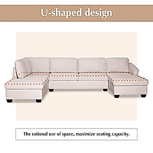 MOEO Large U-Shape Sectional Sofa, Double Extra Wide Chaise Lounge Couch, Birch Wood Legs Sponge, for Living Room Apartment, Office, Beige
