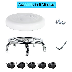 WKWKER Modern Roller Seat PU Leather Low Round Rolling Stool 360° Swivel Small Stool with Universal Caster Wheels Foot Stool for Home Office Garage Shop Fitness Sport H：8.4" （White）