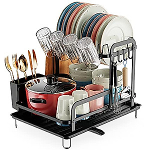 GSlife Dish Drying Rack with Drainboard - 2 Tier Rust Resistant Dish Rack for Kitchen Counter, Dish Drainer Racks Set with Utensil Holder, Cutting Board Holder, Black
