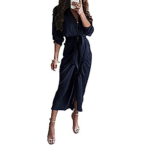 BTFBM Women 2023 Long Sleeve Lapel V Neck Button Down Satin Dress Belted Elegant Ruched Summer Fall Maxi Shirt Dresses(Solid Navy, Large)