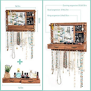 Dhmkfly Jewelry Wall Organizer Wall Mounted Jewelry Organizer Jewelry Hanger Display Rack Earring with Drawers, for Earring Stud Ring Necklace Bracelets Accessories Bangles Holder Girls Gift (brown)
