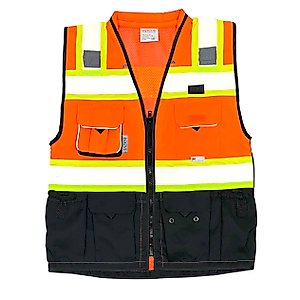 REXZUS (C Vest Mens Class 2 Black Series Safety Vest With Zipper and Utility Pockets Premium Black Series Surveyors Vest (Medium, Orange/Black)