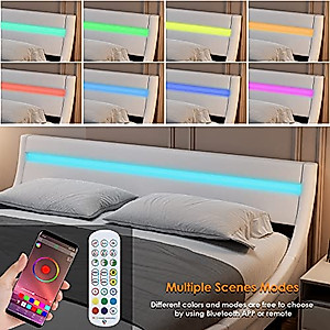 Keyluv Modern Upholstered Platform Bed Frame with LED Lights Headboard, Faux Leather Wave-Like Platform Bed Frame,Strong Wood Slats Support, Easy Assembly, Queen, White