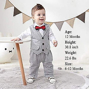 Kgurtagh Baby Boy Suit Outfit, Long Sleeve One-Piece Romper & Vest & Beret & Bow Tie, Infant Boys Gentleman Outfits for Formal Wear, Baby Boy Dressy Clothes (4pc, 0-24 Months),Grey,6-12M