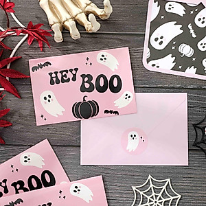 Whaline 24Pcs Halloween Ghost Thank You Cards with Envelopes and Stickers Pink Black Ghost Pumpkin Greeting Cards Little Boo Blank Note Cards for Party Supplies
