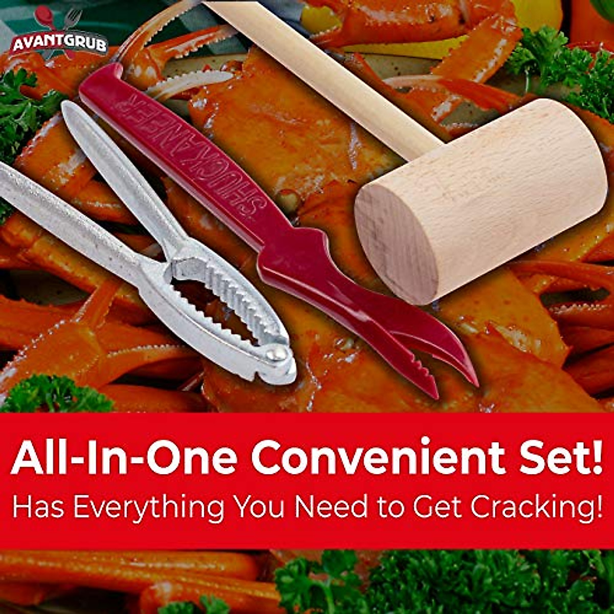 Cracker, Mallet and Sheller Seafood Combo Set 1Pk. All in One Pack Perfect for Eating Crab, Lobster, Crawfish or Deveining Shrimp. BPA Free Party Supplies for Feasts, Boils and Themed Restaurants.