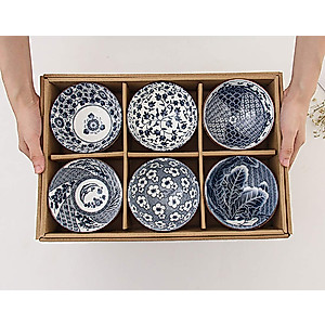 Japanese Style Ceramic Assorted Designs Traditional Blue and White Pattern Dinnerware Set (6PACK Blue White Bowl 4.5")