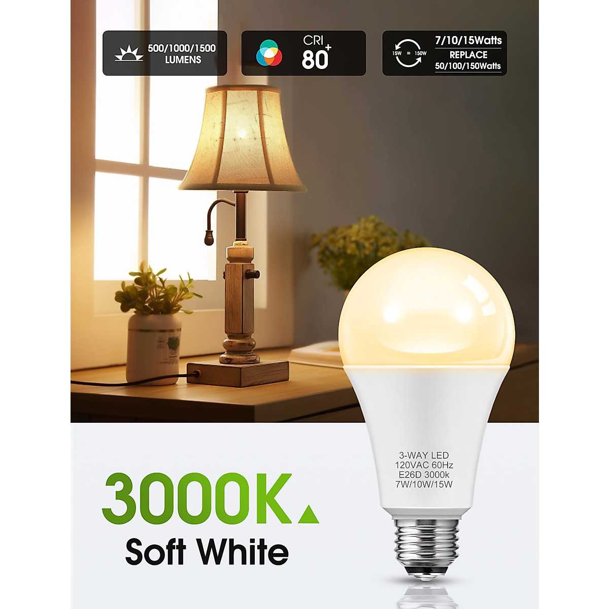 L LOHAS LED 3 Way Light Bulbs, Soft White 3000K, 7/10/15W, 3 Way LED Light Bulbs with E26 Base, 500lm-1000lm-1500lm, A19 Energy Saving Light Bulbs, 2 Pack