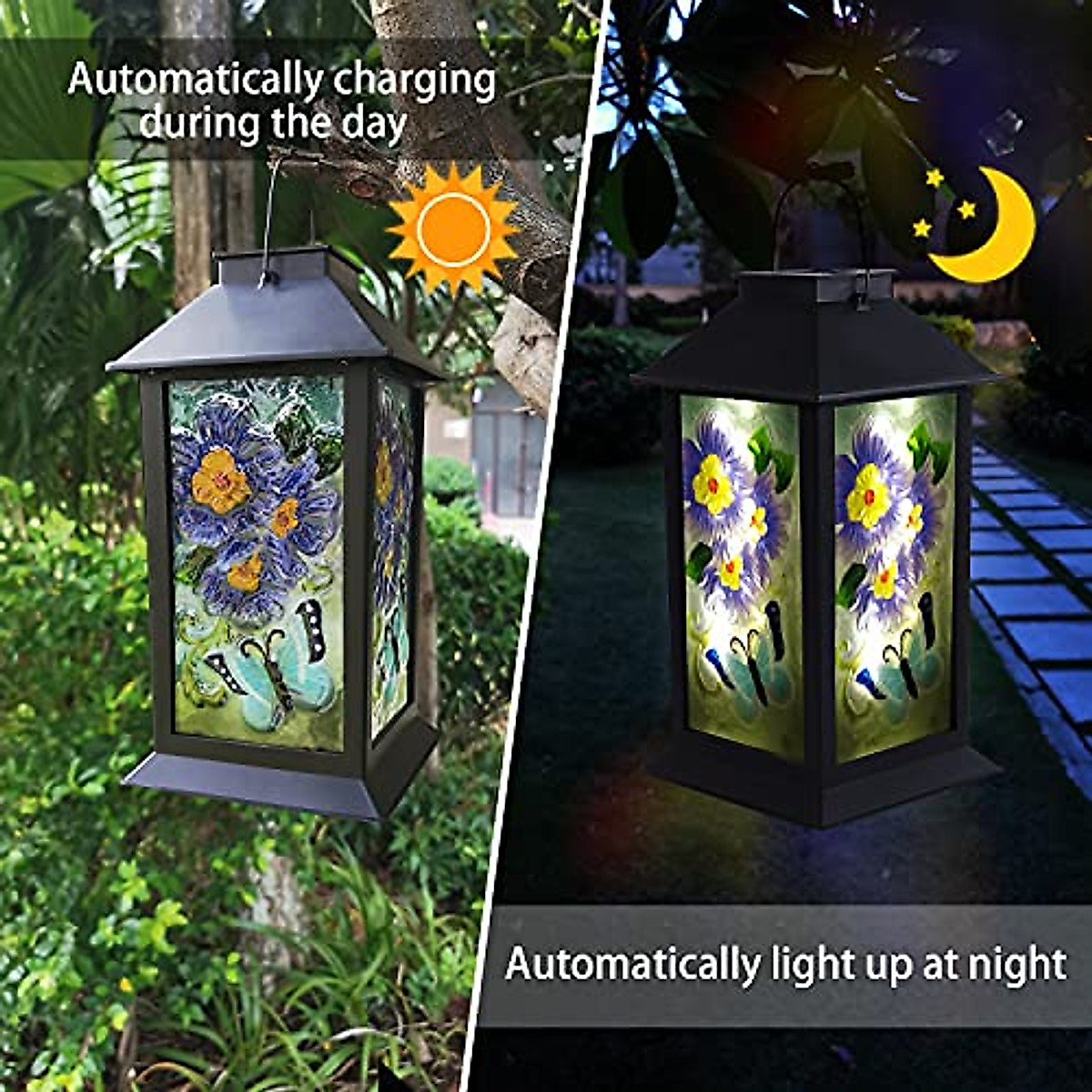 Large Solar Lantern Outdoor Hanging Lights, Waterproof 20 LED Decorative Garden Lights, Glass Solar Lanterns Table Lamps with Butterfly Flowers Pattern for Yard Patio Pathway Deck Decor