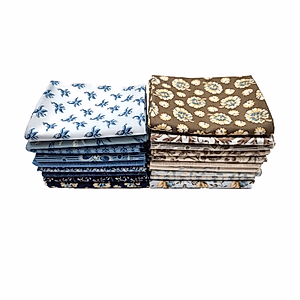 10 Fat Quarters - Edyta Sitar Blue Cocoa Blue Assorted Flowers Florals Botanicals Vines Quality Quilters Cotton Fabric Fat Quarter Bundle (M221.16)