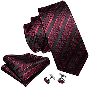 Barry.Wang Stripe Men Ties Set Classic WOVEN Necktie with Handkerchief Cufflinks Formal Black Red