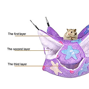 Petmolico Ferret Hammock Bed, Small Pets Warm Plush Three Tier Hanging Cage Hammock Hideout Ferret Accessories for Hamster Guinea Pig Rat Sugar Glider, Purple Star