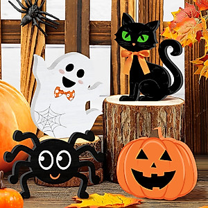 Halloween Wooden Signs Pumpkin Decor, 4PCS Halloween Table Signs Pumpkin Ghost Spider Black Cat Freestanding Rustic Decorative Signs, Halloween Tiered Tray Centerpiece Indoor Decorations for Home