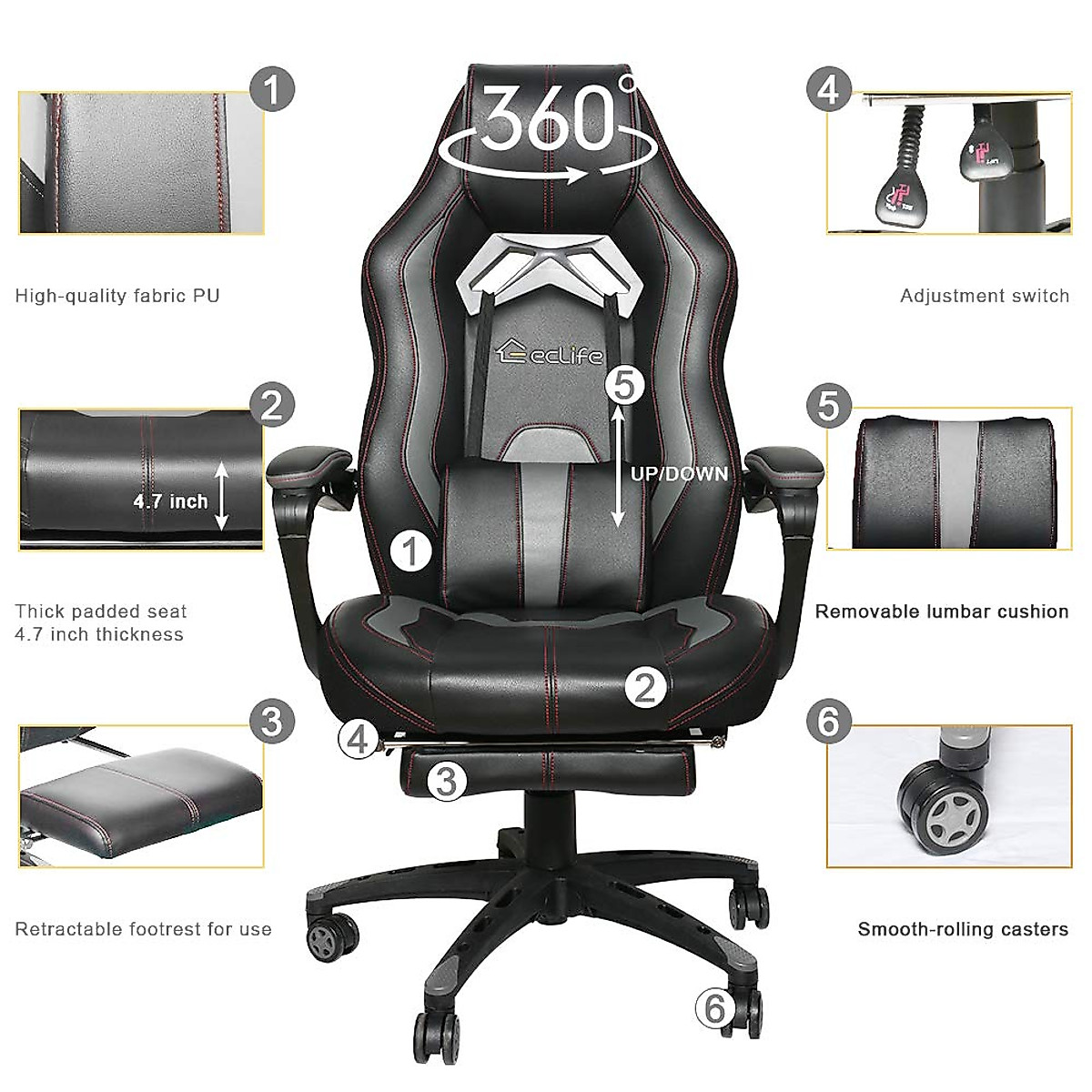 Massage Gaming Chair Racing ,Office Chair Video Game Chair,High Back PU Leather PC Racing Computer Desk Office Swivel Recliner with Retractable Footrest and Adjustable Lumbar Cushion Support (Grey)