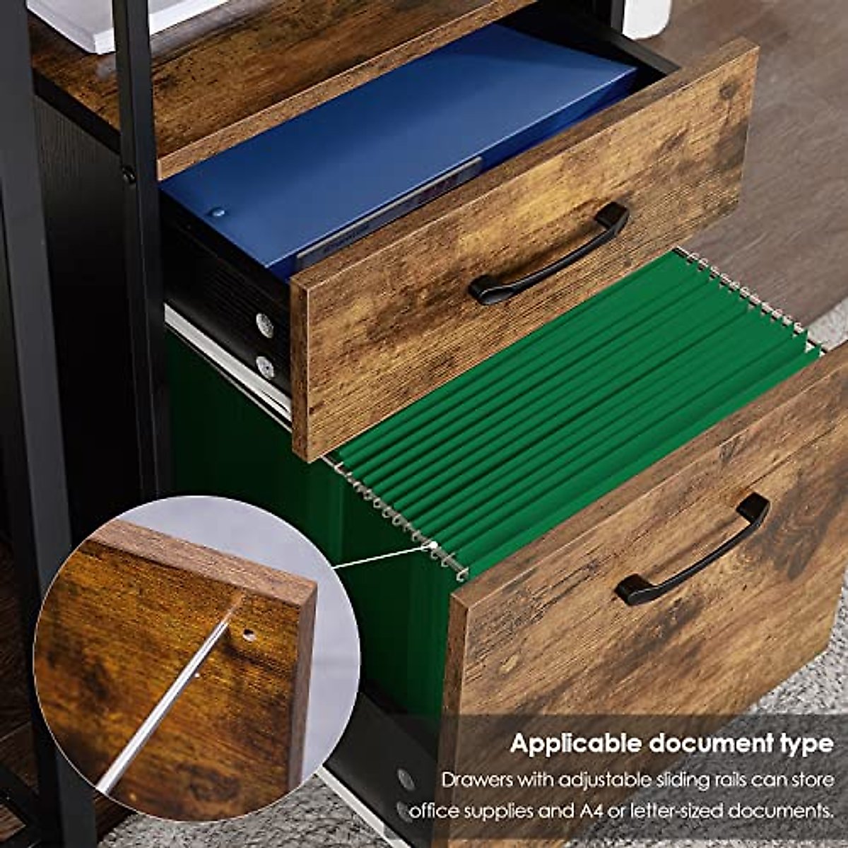 Fameill Rolling Filing Cabinet 2 Drawer File Cabinet Industrial Printer Stand for Home Office Small Under Desk Cabinet with Open Shelf,Storage Cabinet for A4, Letter Size, Rustic Brown