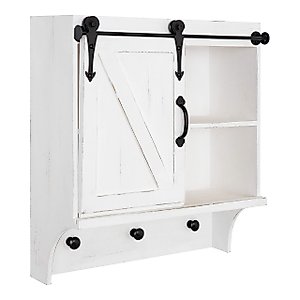 Kate and Laurel Cates Decorative Farmhouse Cabinet Wall Organizer with Sliding Barn Door and 3 Knobs, 18 x 8 x 20, White, Shabby-Chic Farmhouse-Inspired Mail and Key Holder for Wall