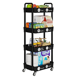 Laiensia 4-Tier Storage Cart,Multifunction Utility Rolling Cart Kitchen Storage Organizer,Mobile Shelving Unit Cart with Lockable Wheels for Bathroom,Laundry,Living Room,With Classified Stickers,Black