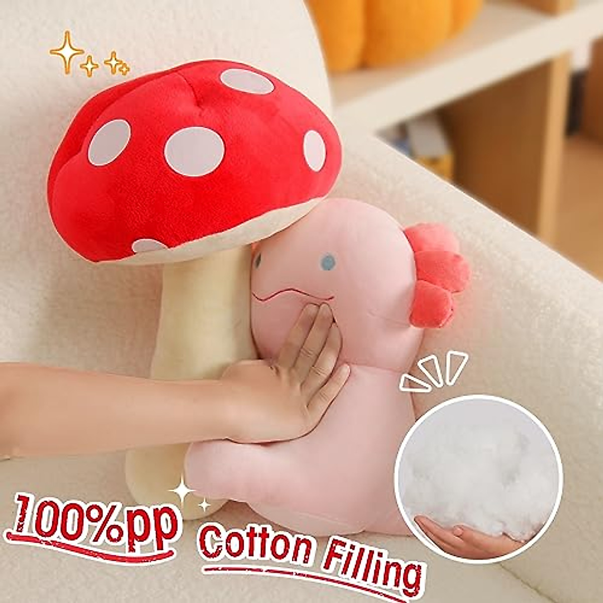 HAIJUNYA 15" Cute Mushroom Axolotl Plush Pillow, Kawaii Red Mushroom Axolotl Stuffed Animals Toy Decor, Soft Squishy Plushies Gifts for Girls, Christmas, Birthday
