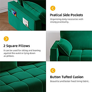 DWVO 70" Loveseat Sofa, Velvet Fabric Sofa Couch for Small Space, Modern Loveseat with Button Tufted Seat and Side Storage Pockect, 3 Seater Couch for Living Room Bedroom, 2 Pillows Included, Green