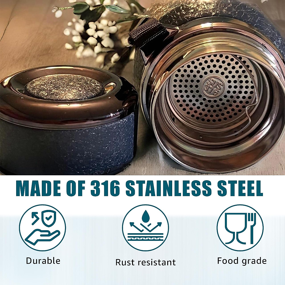 Stainless Steel Thermos with Built-in Tea Spacer - Water Bottle with Double Wall & Vacuum Insulation - Leakproof Metal Bottle for Water, Coffee, Tea (1L) (Black)