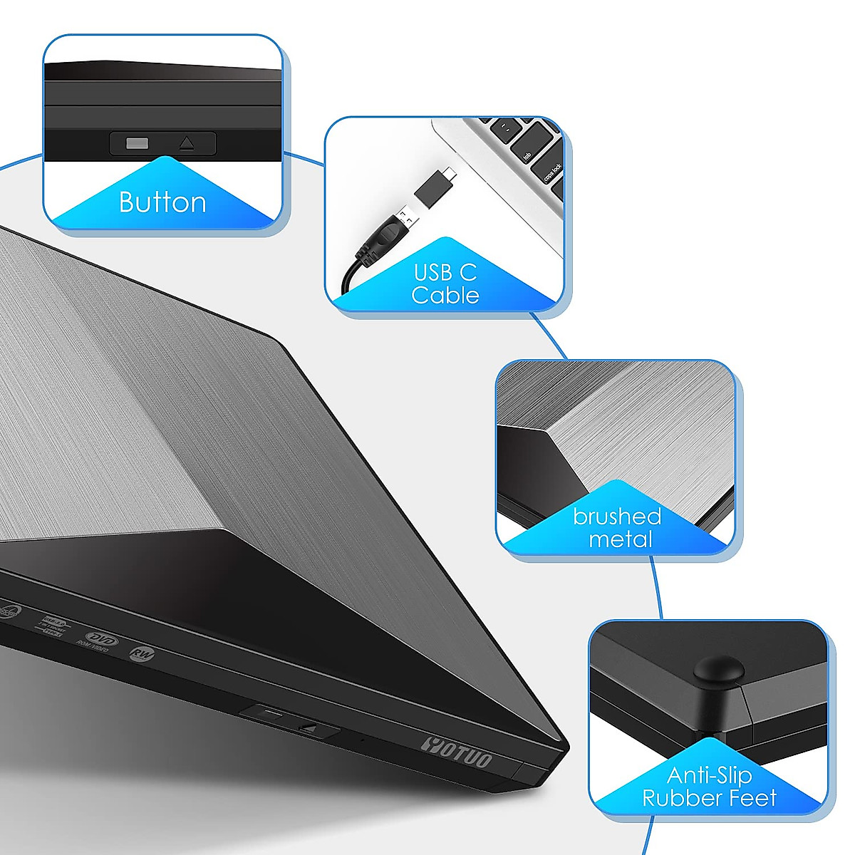 YOTUO External CD DVD Drive, Portable USB 3.0 and Type-C Ultra-Slim DVD Player, DVD Burner CD ROM RW External Optical Drive Compatible with Laptop Desktop PC for Windows 7/8/10/11 Mac MacBook Pro/Air