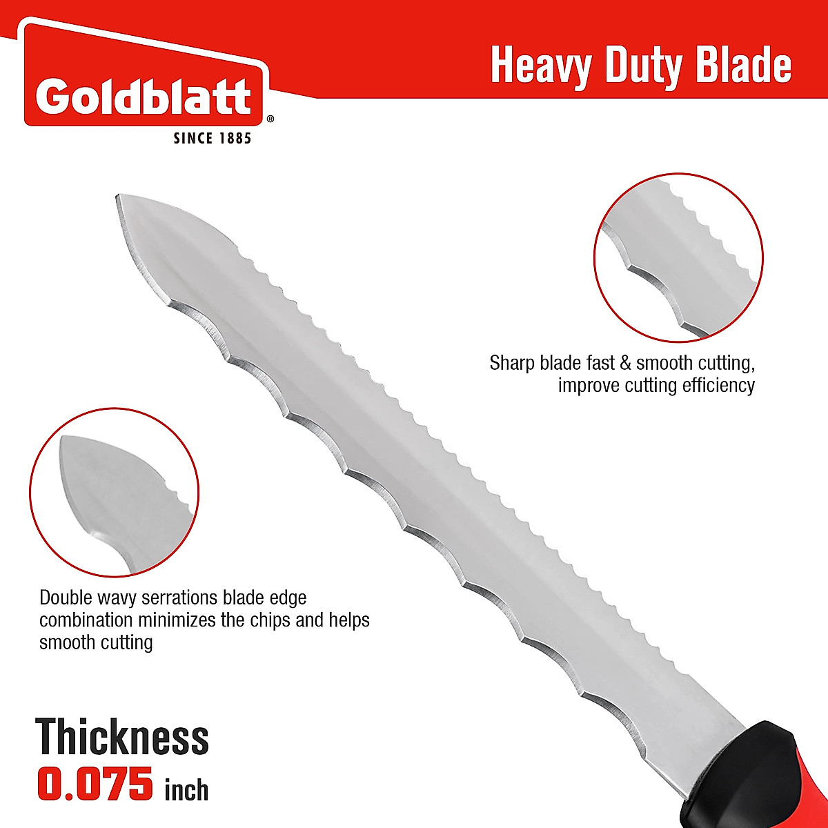 Goldblatt Insulation Knife, 8 Inch Stainless Steel Blade - Serrated Sharp Double Side Utility Knife Tool for Cutting Heat Material, Styrofoam - Rockwool Sod Cutter Lawn Repair Garden Knife