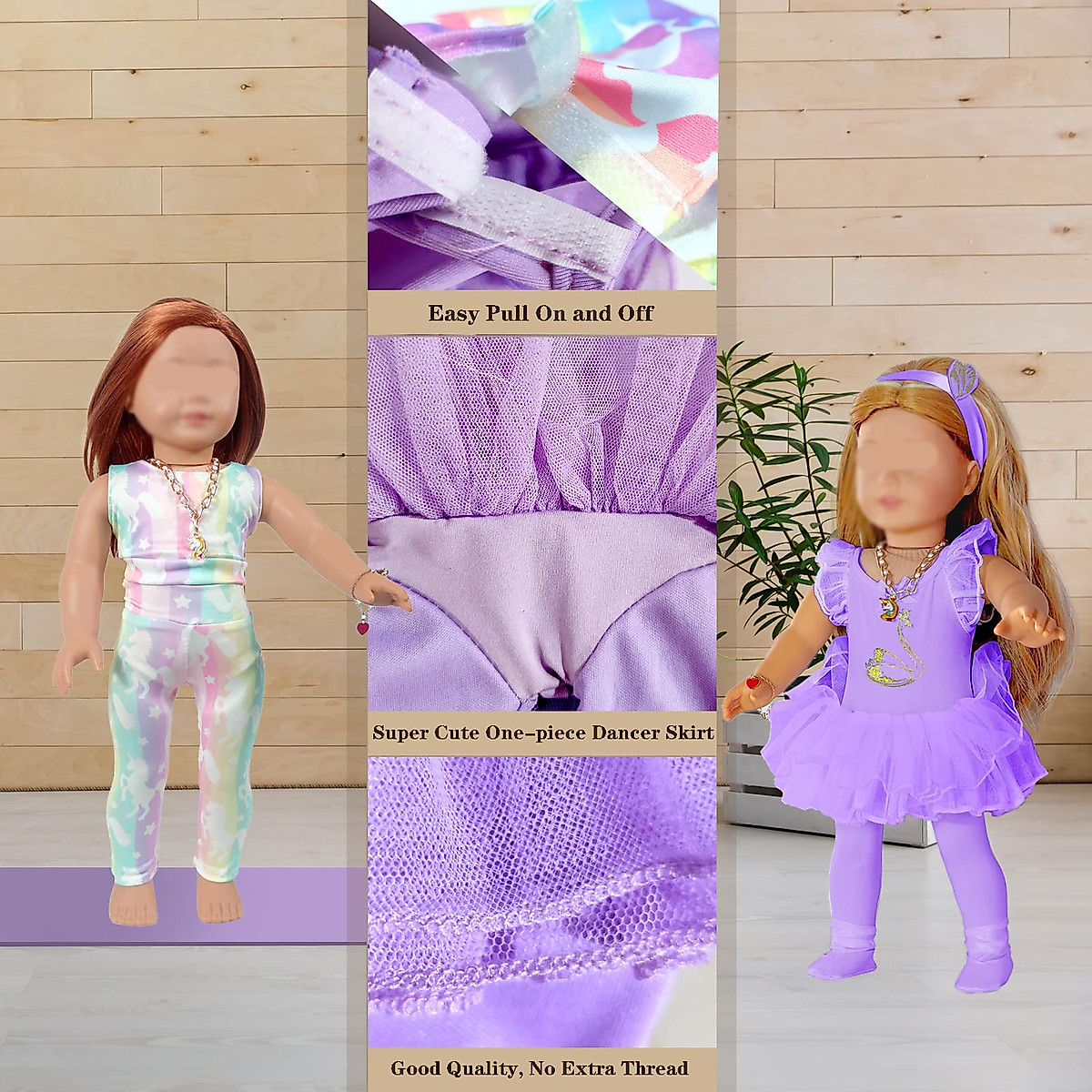 2-Sets 18-inch Doll-Clothes Accessories Ballet Dance Outfit Set with Shoes, Yoga Mat, Bracelet, Necklace, Bag-Compatible with American 18 inch Dolls -Purple