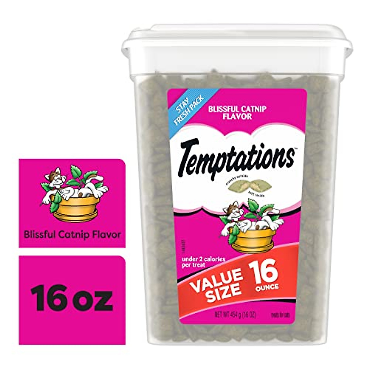 TEMPTATIONS Classic Crunchy and Soft Cat Treats Blissful Catnip Flavor, 16 oz. Tub