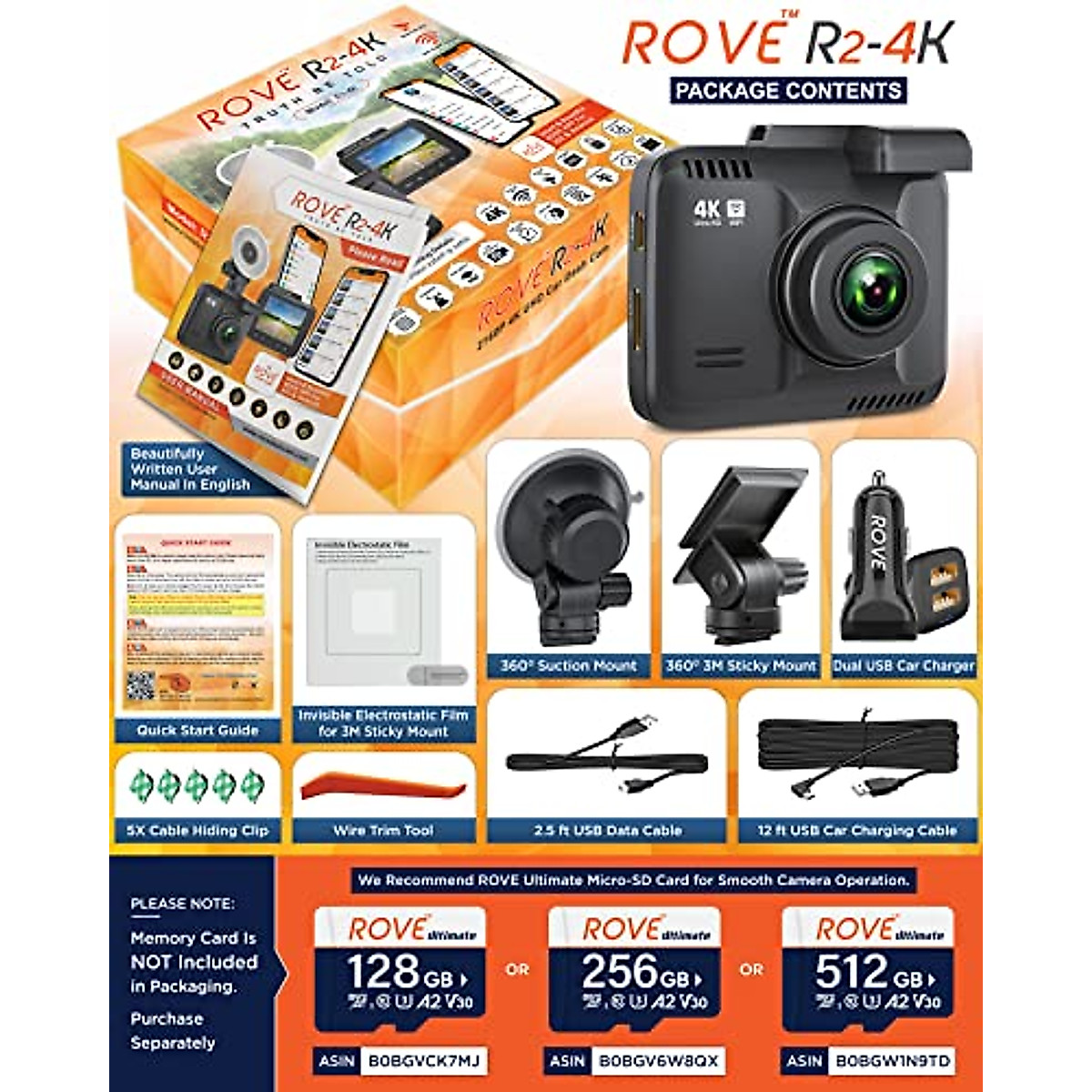 Rove R2-4K Dash Cam Built in WiFi GPS Car Dashboard Camera Recorder with UHD 2160P, 2.4" LCD, 150° Wide Angle, WDR, Night Vision