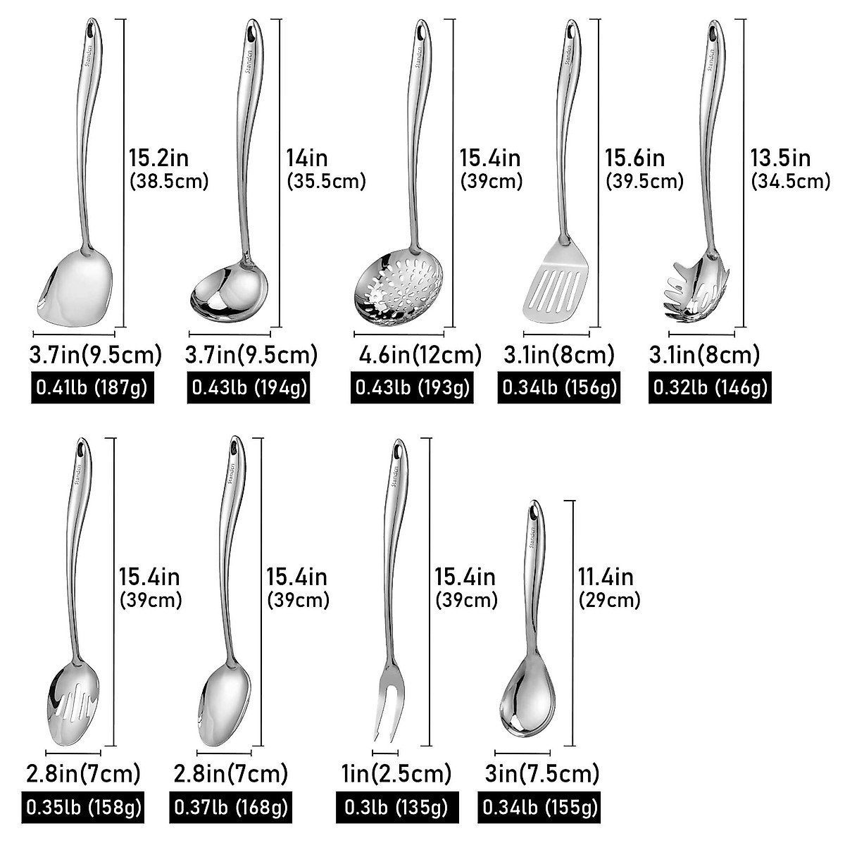 304 Stainless Steel Kitchen Utensil Set - 9 PCS Serving Utensils, Cooking Utensil, Solid Spoon, Slotted Spoon, Fork, Spatula, Ladle, Skimmer Spoon, Slotted Spatula Tunner, Spaghetti Spoon, Large Spoon