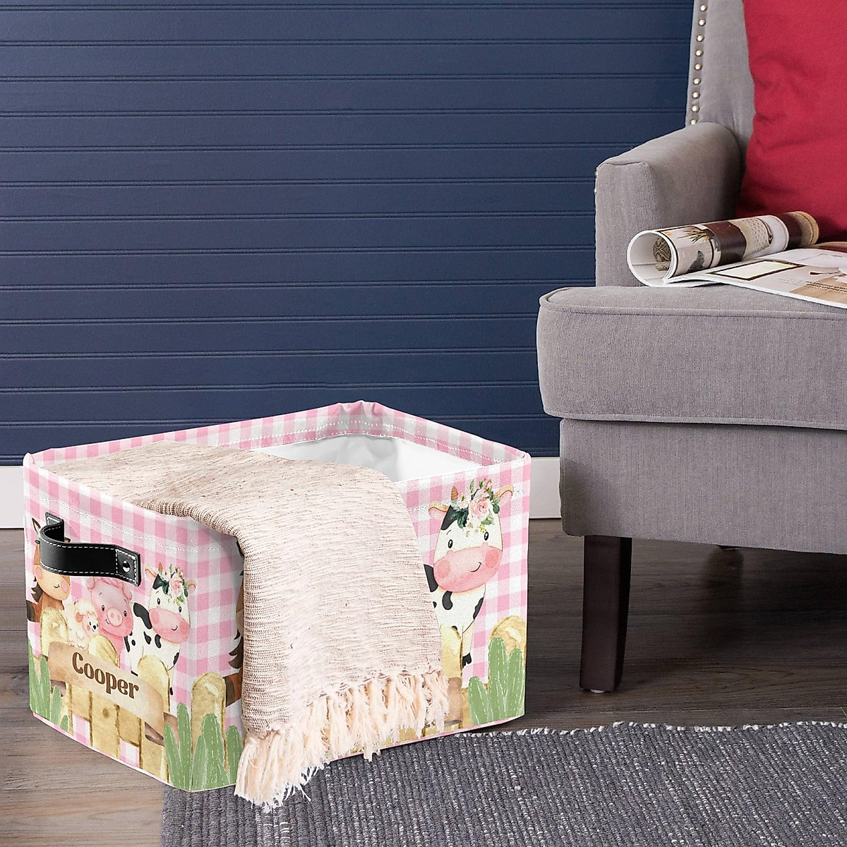 Farm Sheep Happy Cow Horse Fabric Storage Basket for Organizing Closet Shelf Nursery Toy Decorative Closet Organizers with Handles Cubes