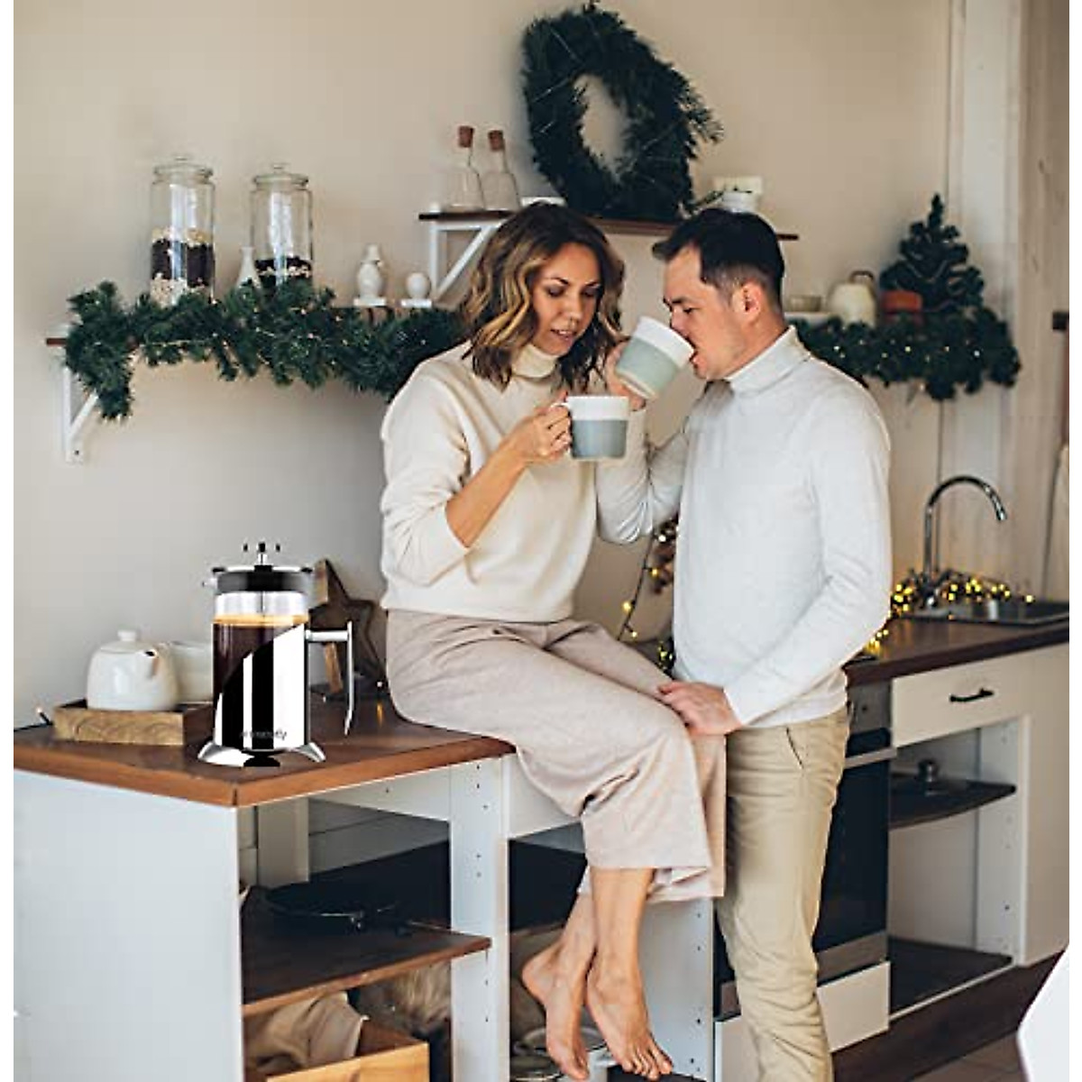 AHOSOUTLY French Press Coffee Maker,304 Stainless Steel French Press Espresso with 4 Level Filter,Stainless Steel Plunger and Cold Brew Heat Resistant Borosilicate Glass,34 Ounce